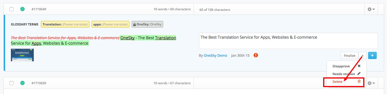 How to delete a particular translation – OneSky